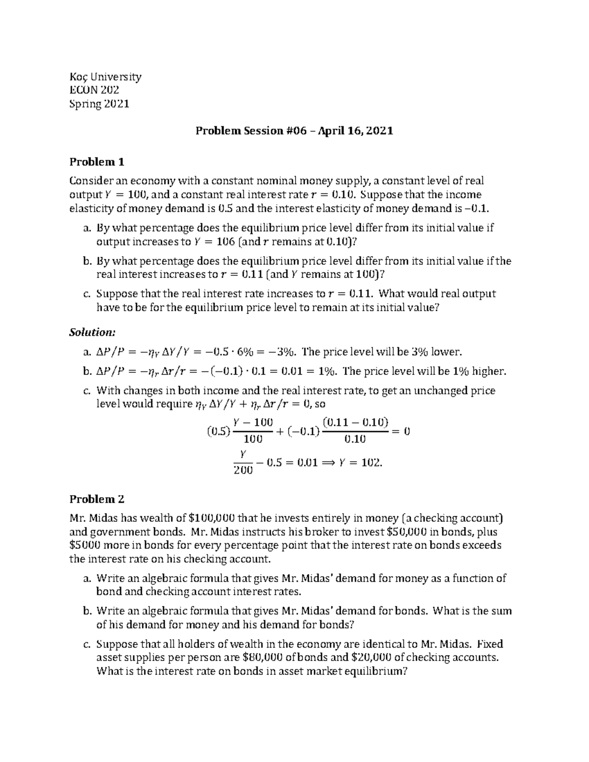 Koç University ECON 202 Spring 2021 Problem Session Solutions - Studocu