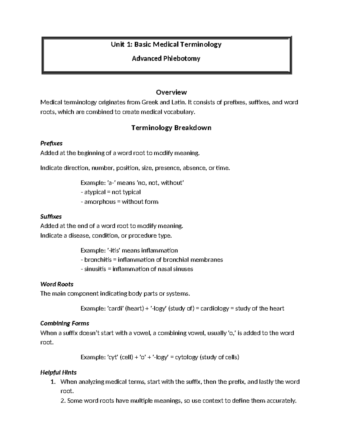 Basic Medical Terminology Overview for Advanced Phlebotomy (Course Code ...