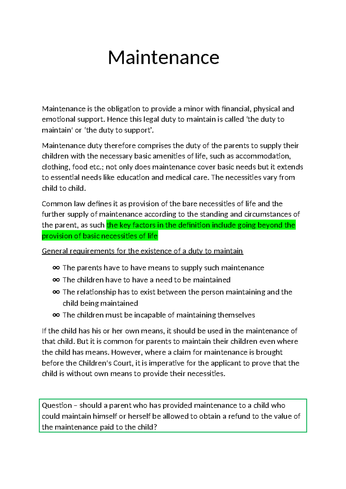 Maintainance - NOTES - Maintenance is the obligation to provide a minor ...