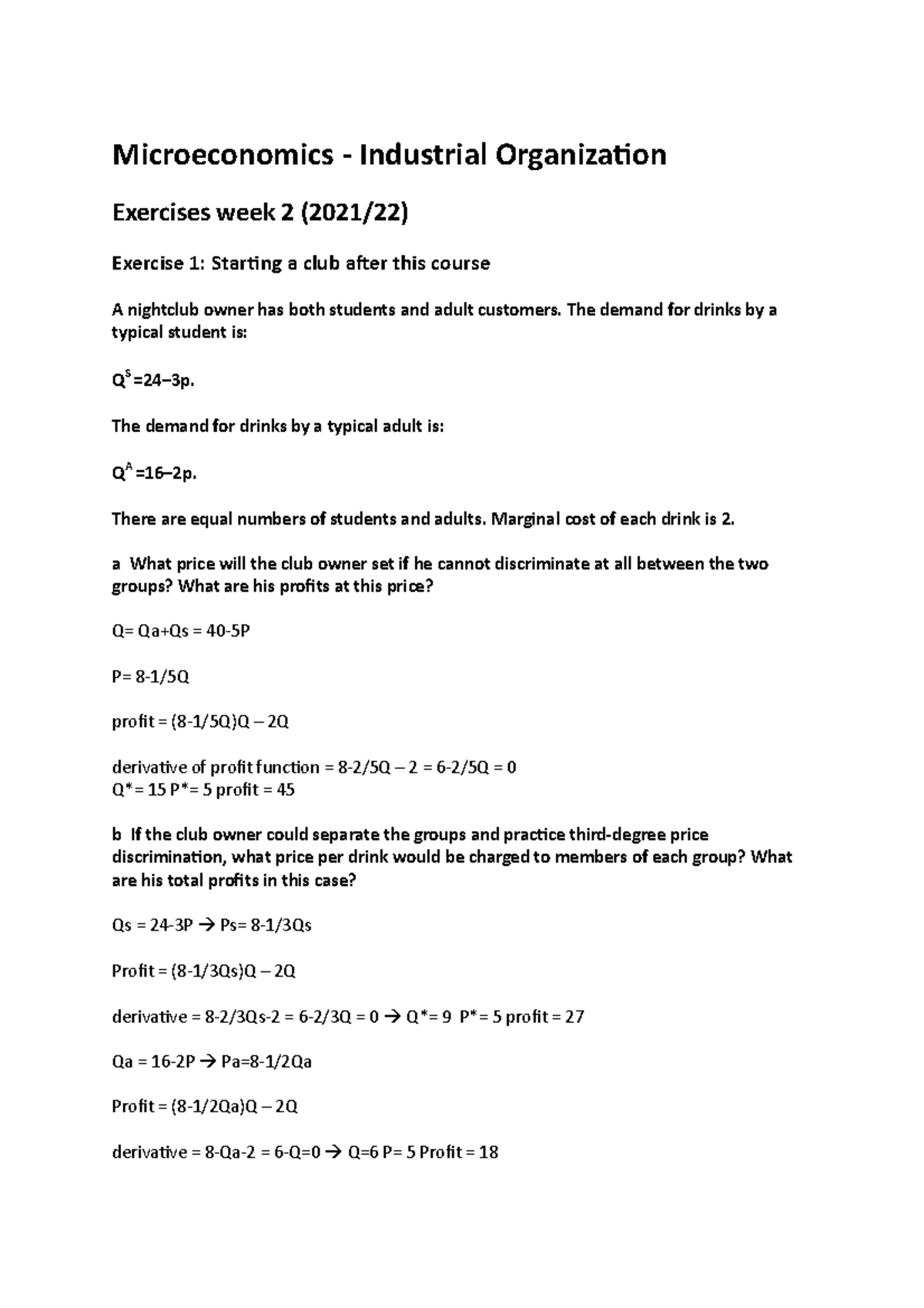 Microeconomics - Industrial Organization Tutorial 2 Exercises ...