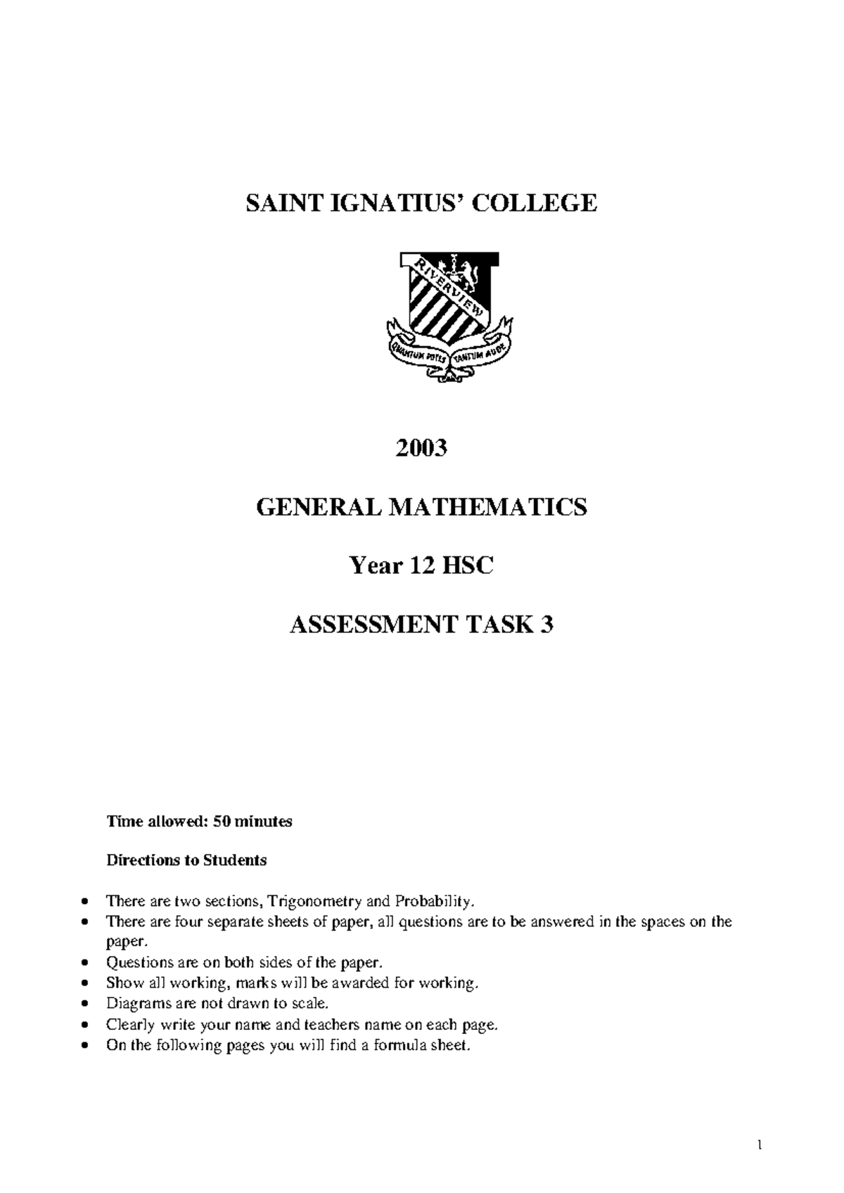 Riverview 2003 General Maths Year 12 HSC Assessment Task 3 - Studocu