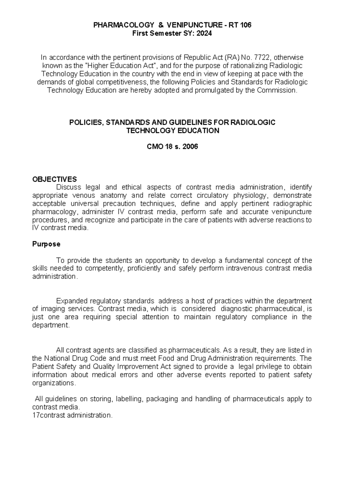 PHARMACOLOGY RT 106: Venipuncture and Contrast Media Administration ...