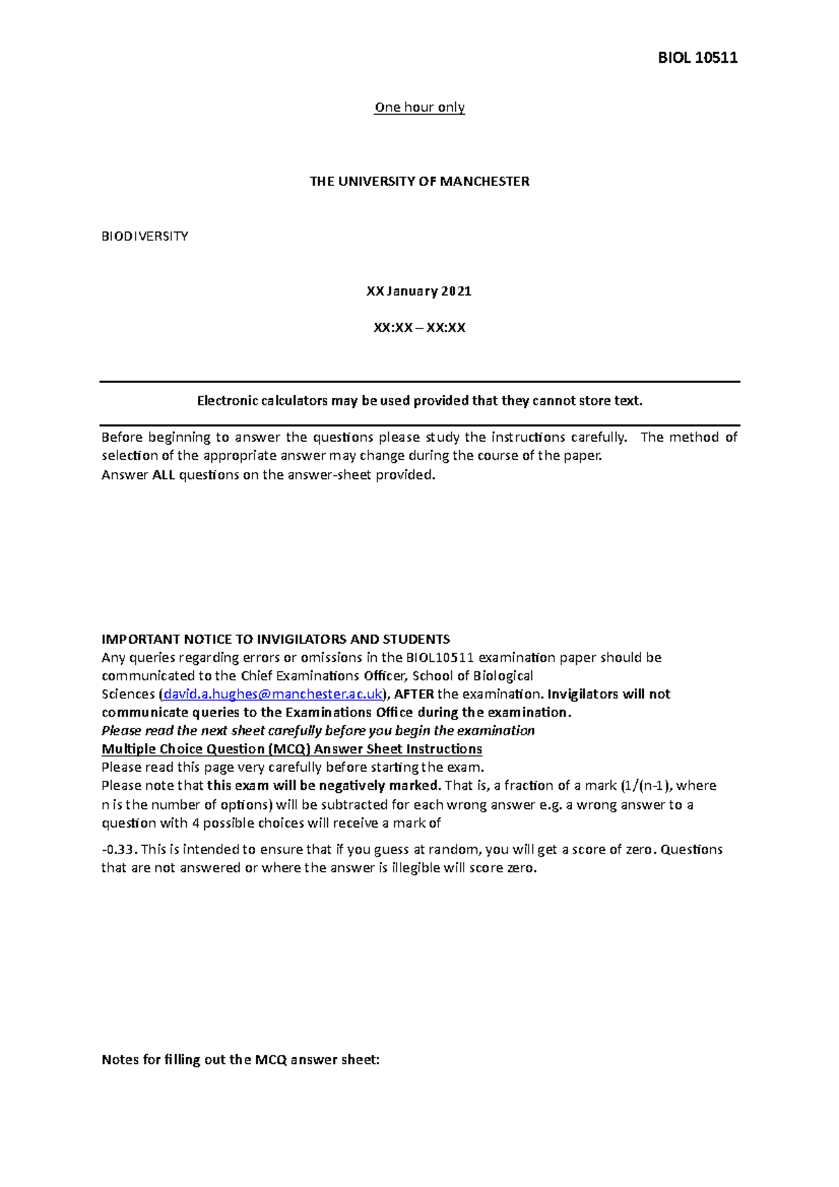 BIOL10511 2021 MCQ Exam Instructions and Answer Sheet Details - Studocu