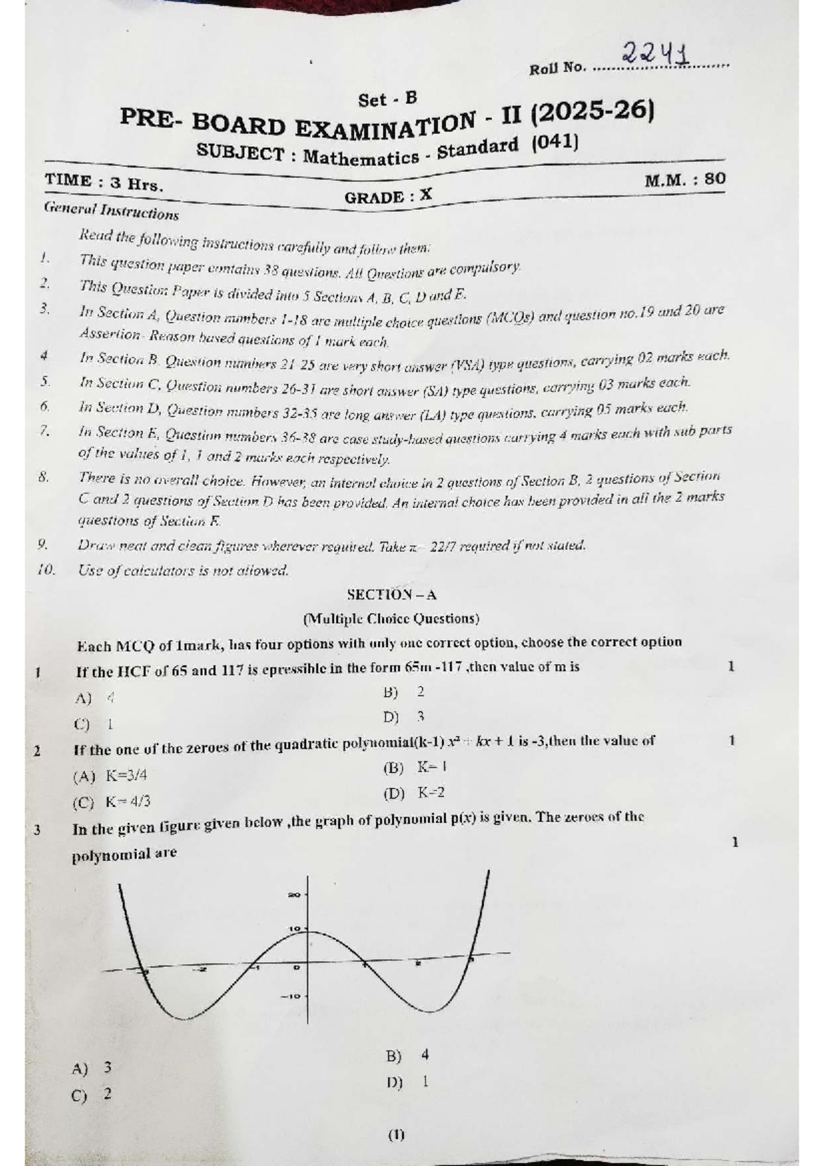 Mathematics Standard (041) Pre-Board Exam II - Roll No. Set B - Studocu