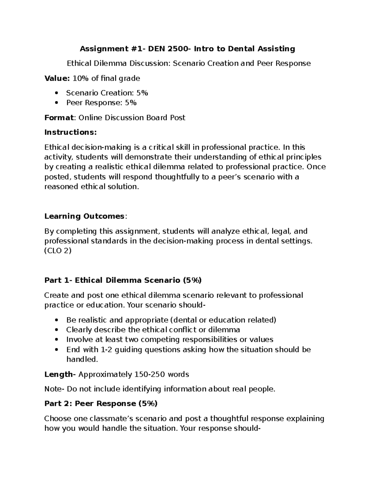 Assignment DEN Ethical Dilemma Discussion: Scenario Creation & Response ...