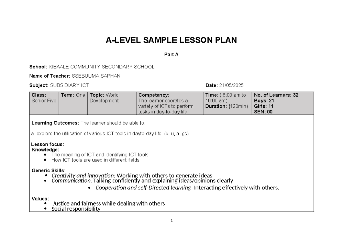 Term I Lesson Plan: Subsidiary ICT (ASC 2025) by Ssebuuma Saphan - Studocu
