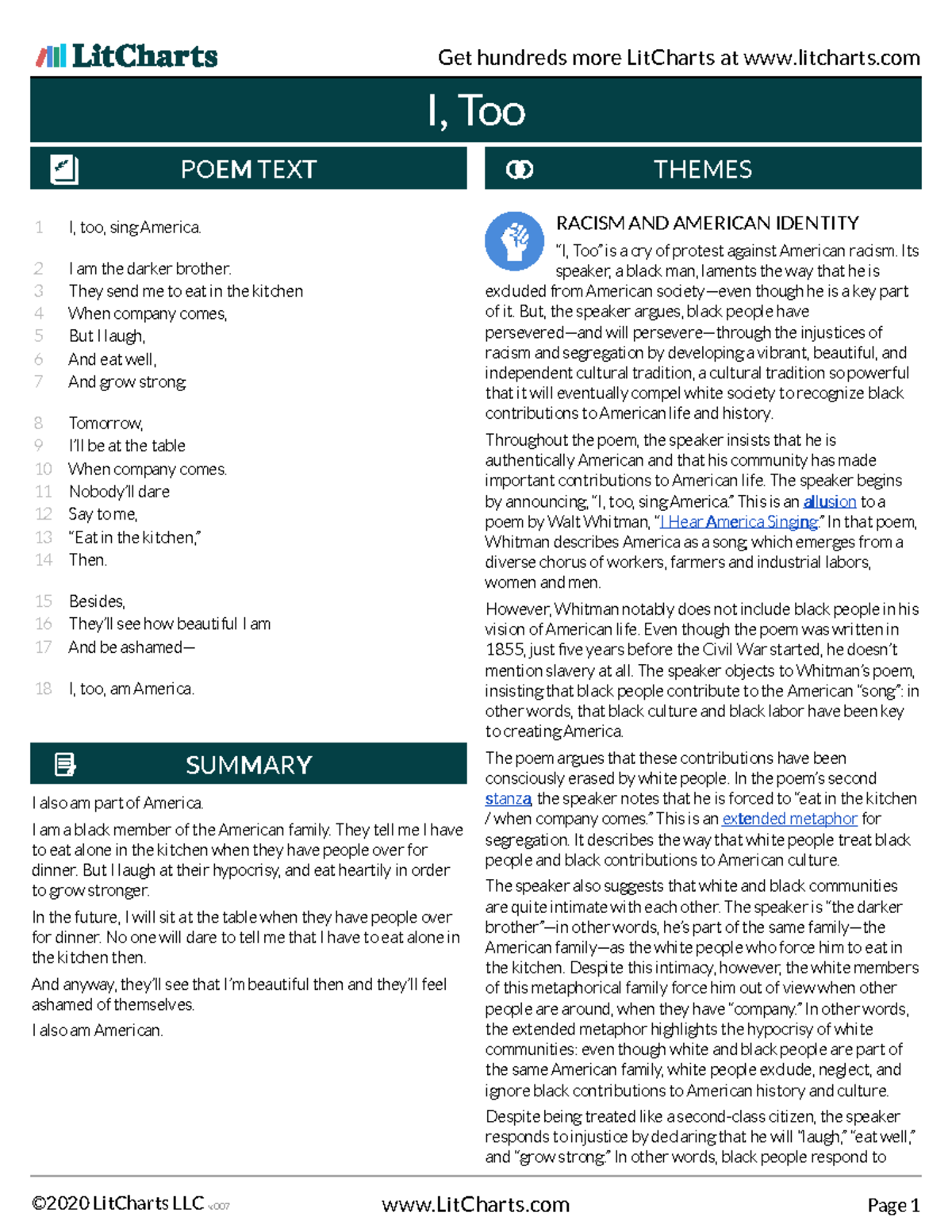 LitCharts Analysis: "I, Too" by Langston Hughes (ENG 101) - Studocu