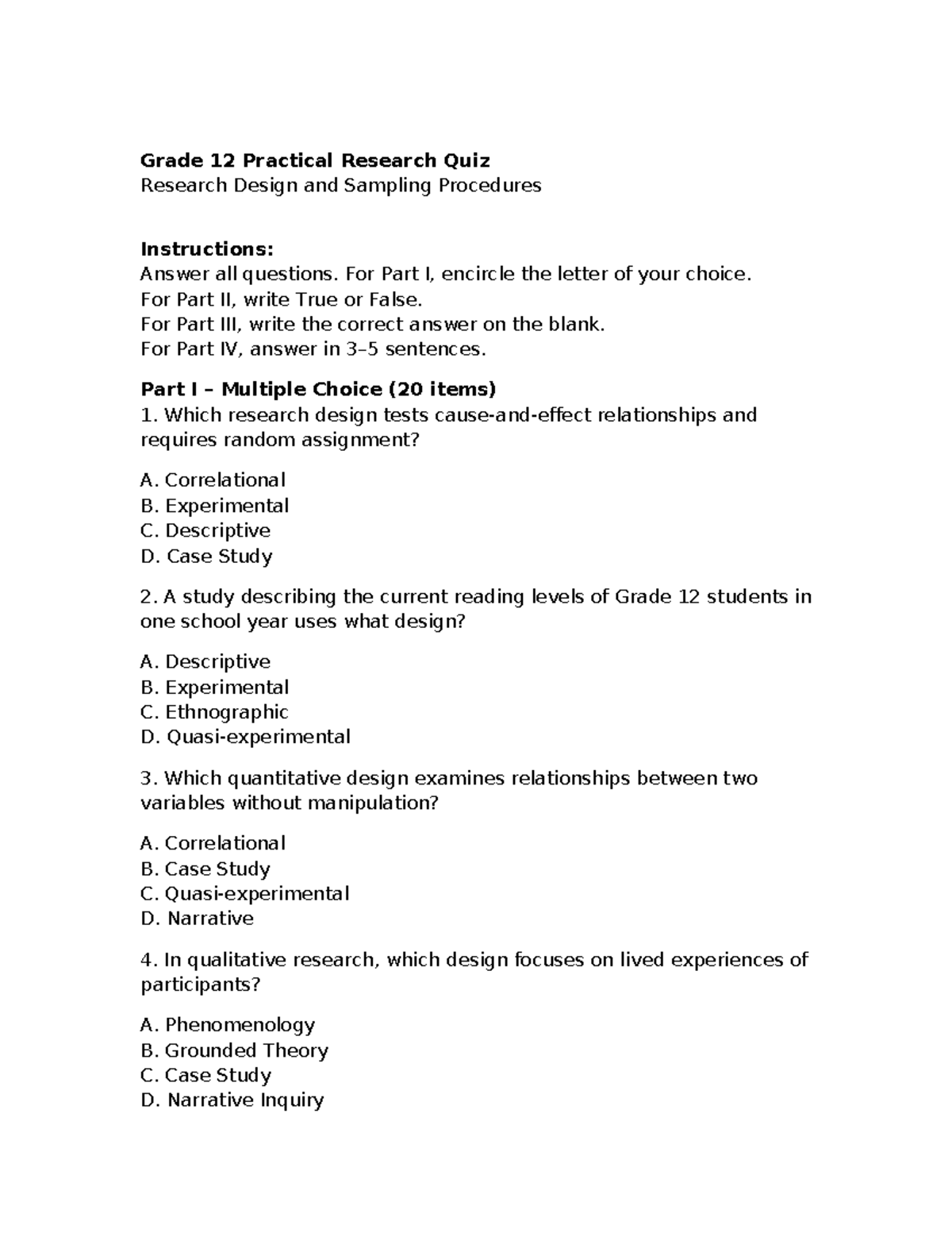 Grade 12 Practical Research Quiz: Research Design & Sampling Methods - Studocu