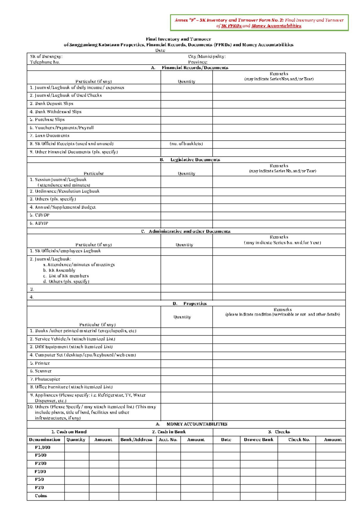 Annex SK Inventory and Turnover Form No. 2: Final Inventory of PFRDs ...