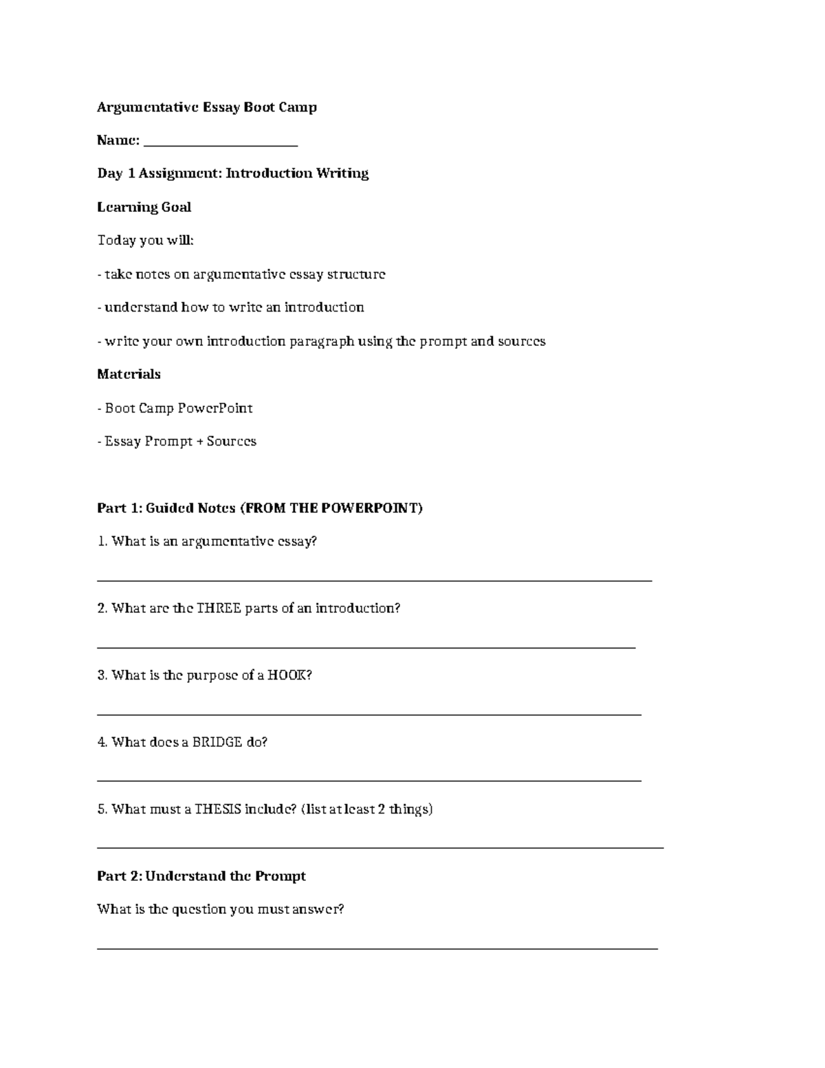 Argumentative Essay Boot Camp: Day 1 Intro Writing Guide - Studocu