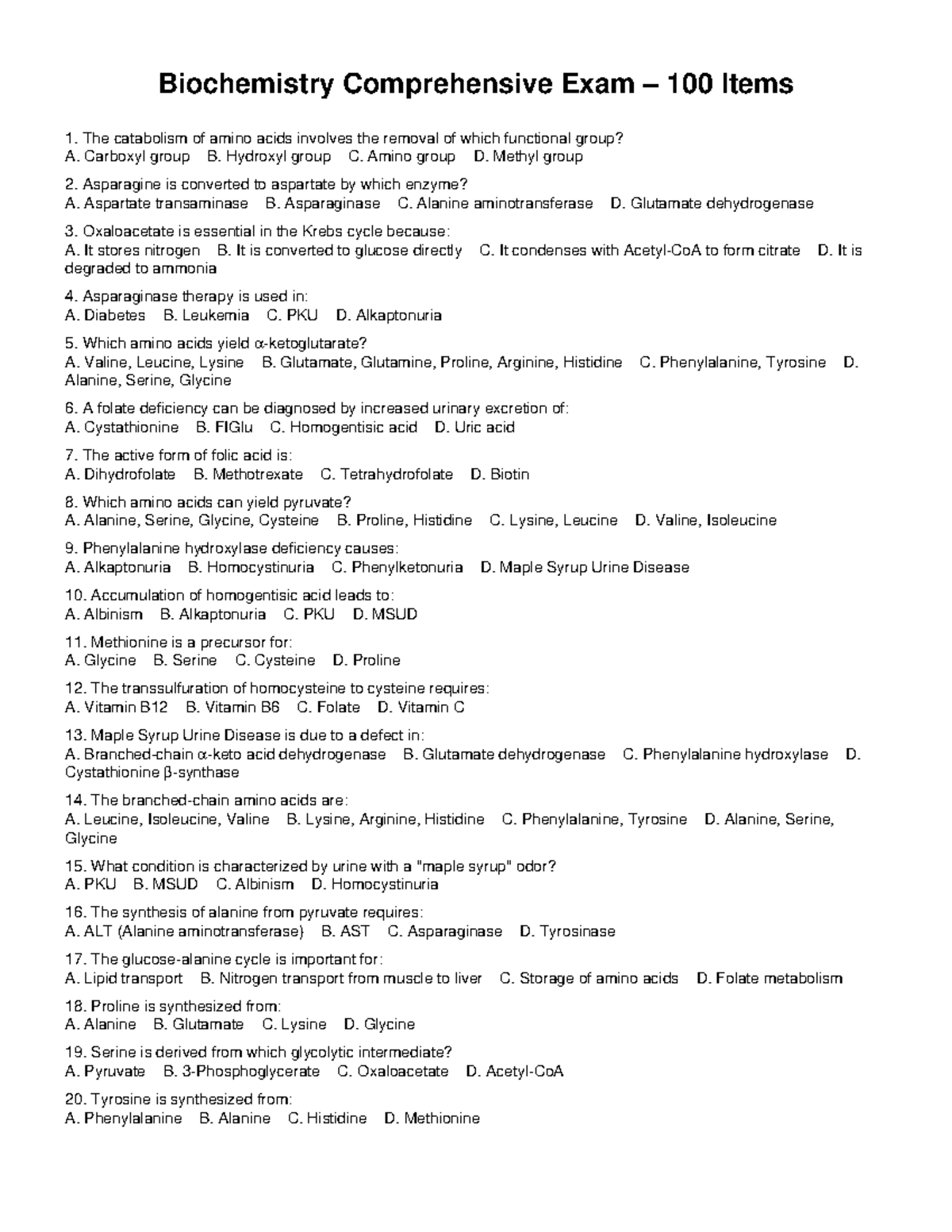 Biochem 101 Comprehensive Exam: 100 Practice Questions - Studocu