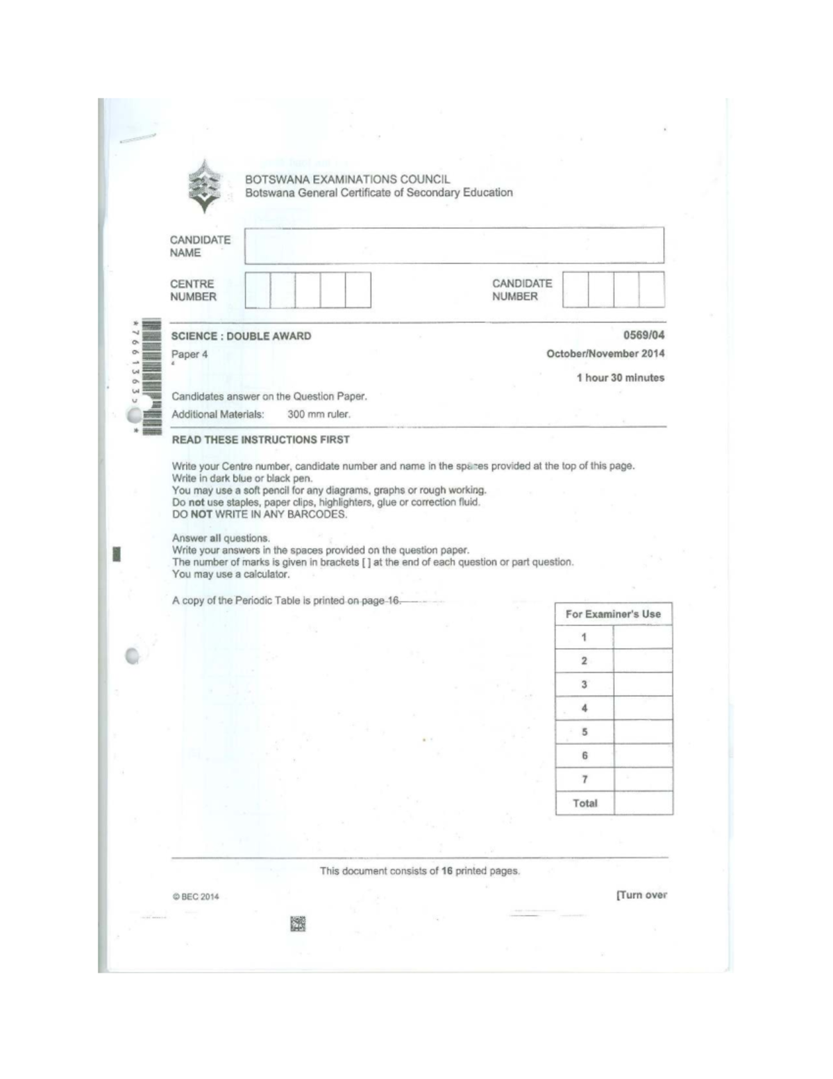 SDA PP4 2014-2018: Botswana GCE Science Double Award Exam - Studocu