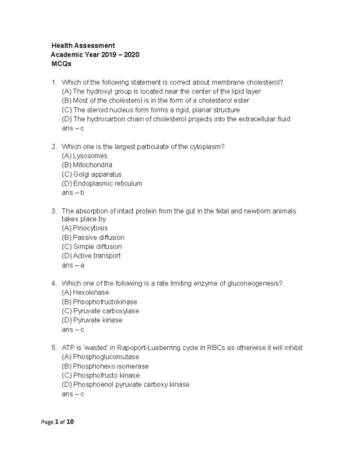 Health Assessment 50 MCQs 2018- 2019 - Health Assessment Academic Year ...