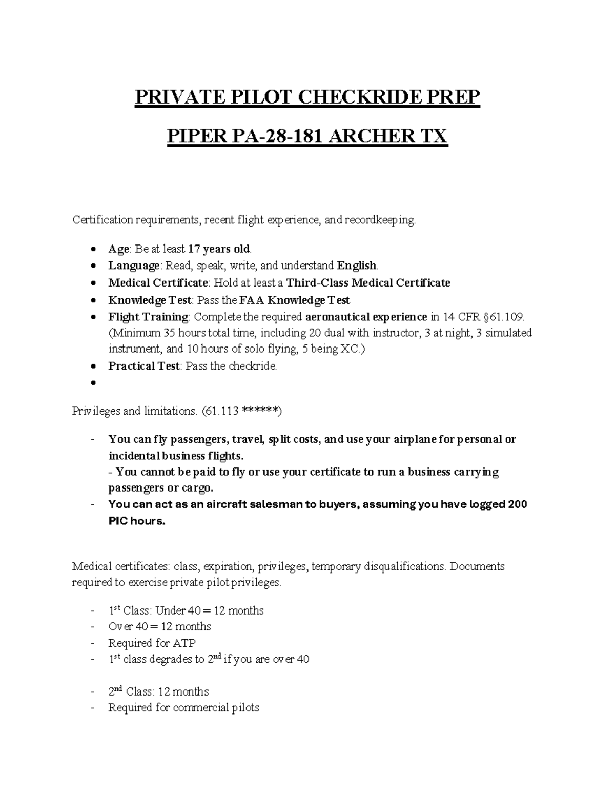 Private Pilot Checkride Prep - Piper PA-28-181 Archer TX - Studocu