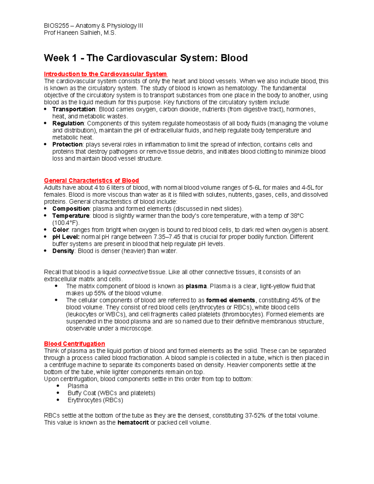 BIOS255 Week 1 - Overview of the Cardiovascular System and Blood - Studocu