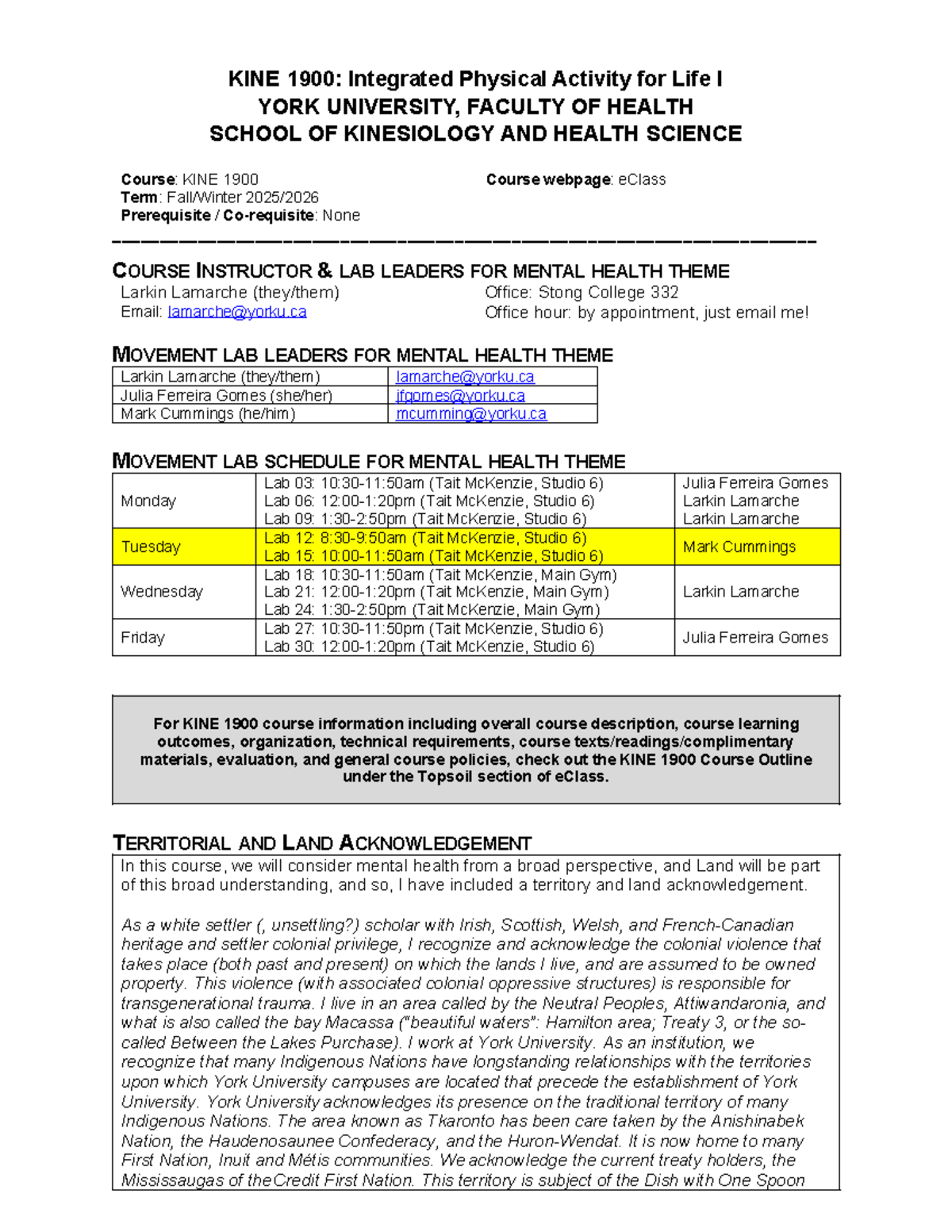 KINE 1900: Mental Health Theme Outline and Lab Schedule at York ...