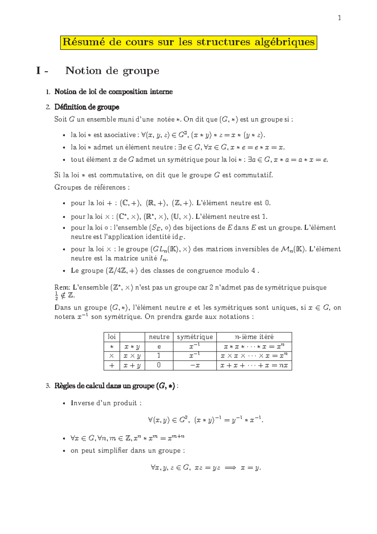 Résumé des structures algébriques MATH101 - Cours Complet - Studocu