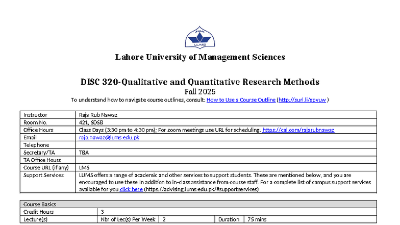 LUMS DISC & Quantitative Research Methods Course Outline - Fall 2025 ...