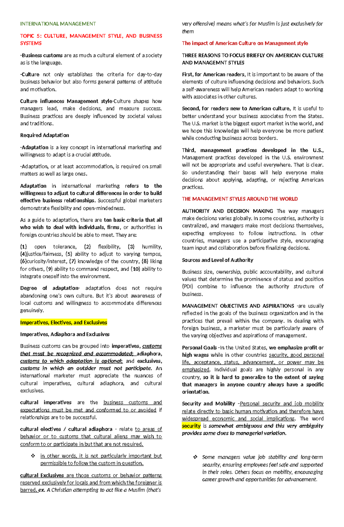 INTL MGT TOPIC 5: CULTURE, MANAGEMENT STYLES & BUSINESS SYSTEMS - Studocu