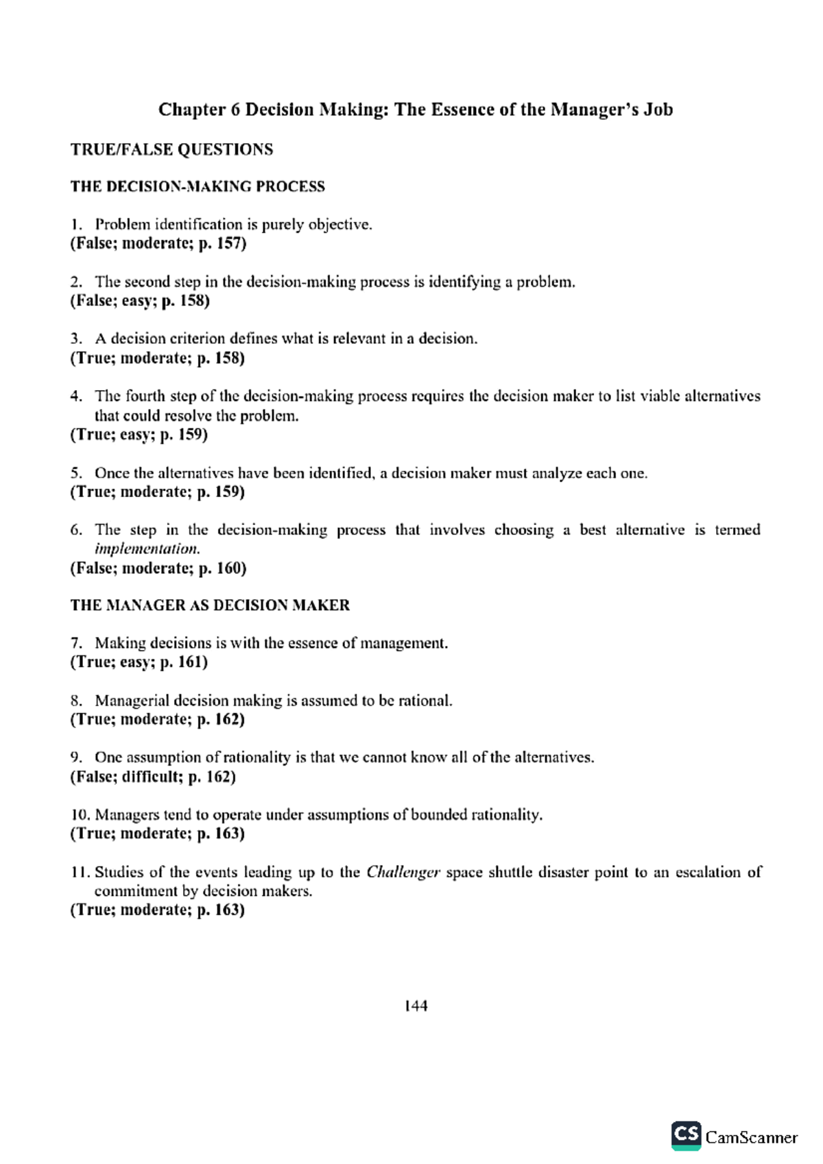 Management: Decision Making Process Test Bank (CS 144) - Studocu