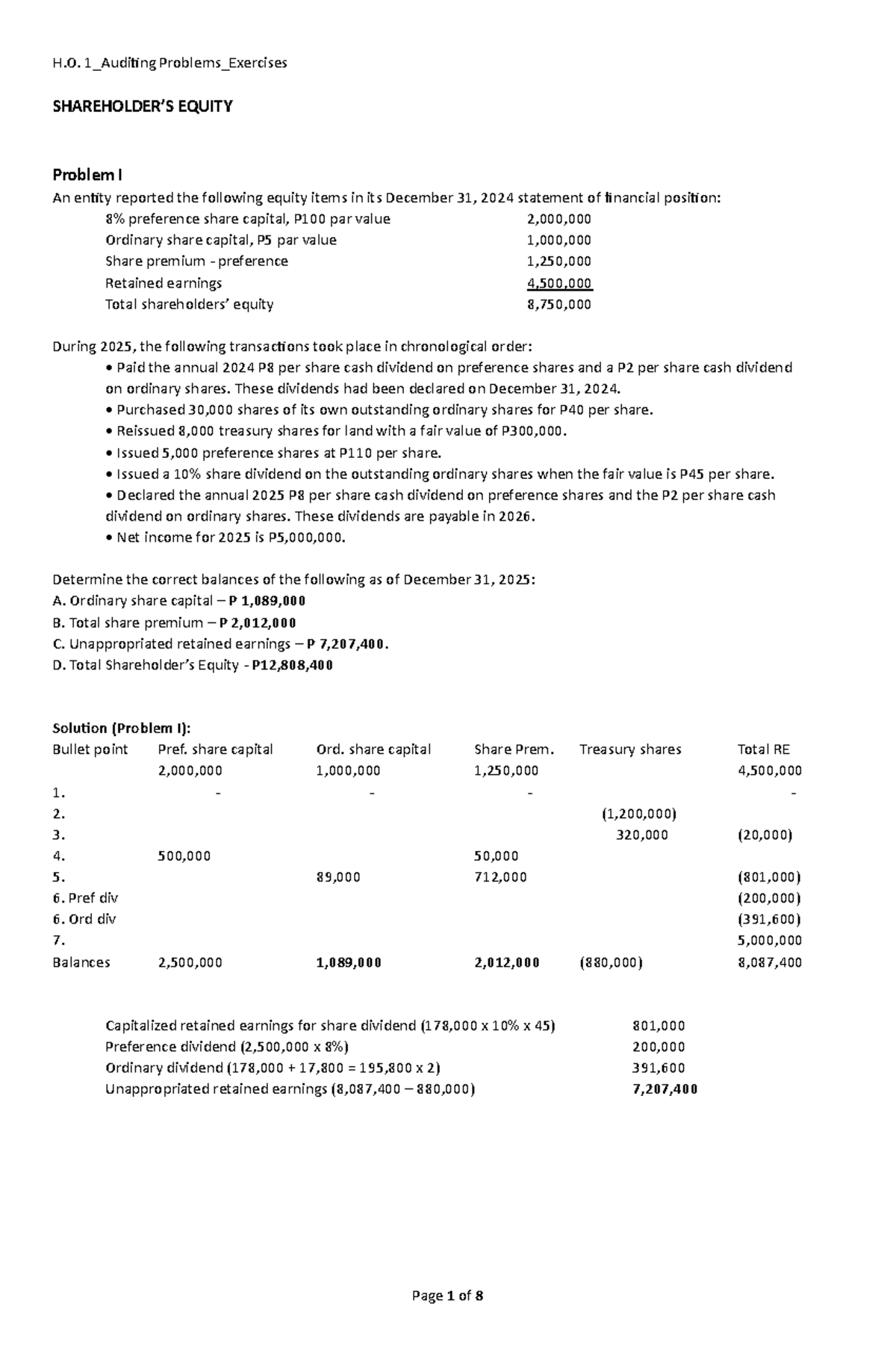 Aud-Prob 01: Exercises & Solutions on Equity and Financial Statements ...