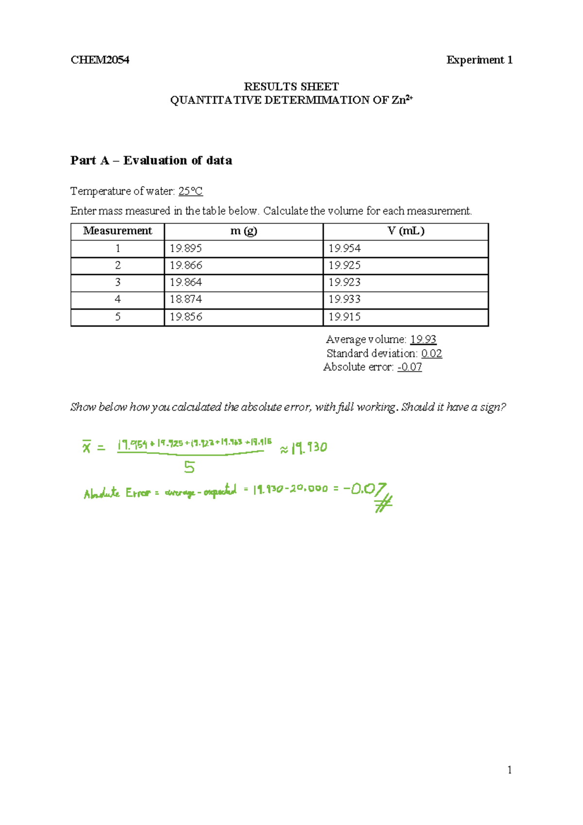 CHEM2054 Experiment 1 Results Sheet: Quantitative Determination - Studocu