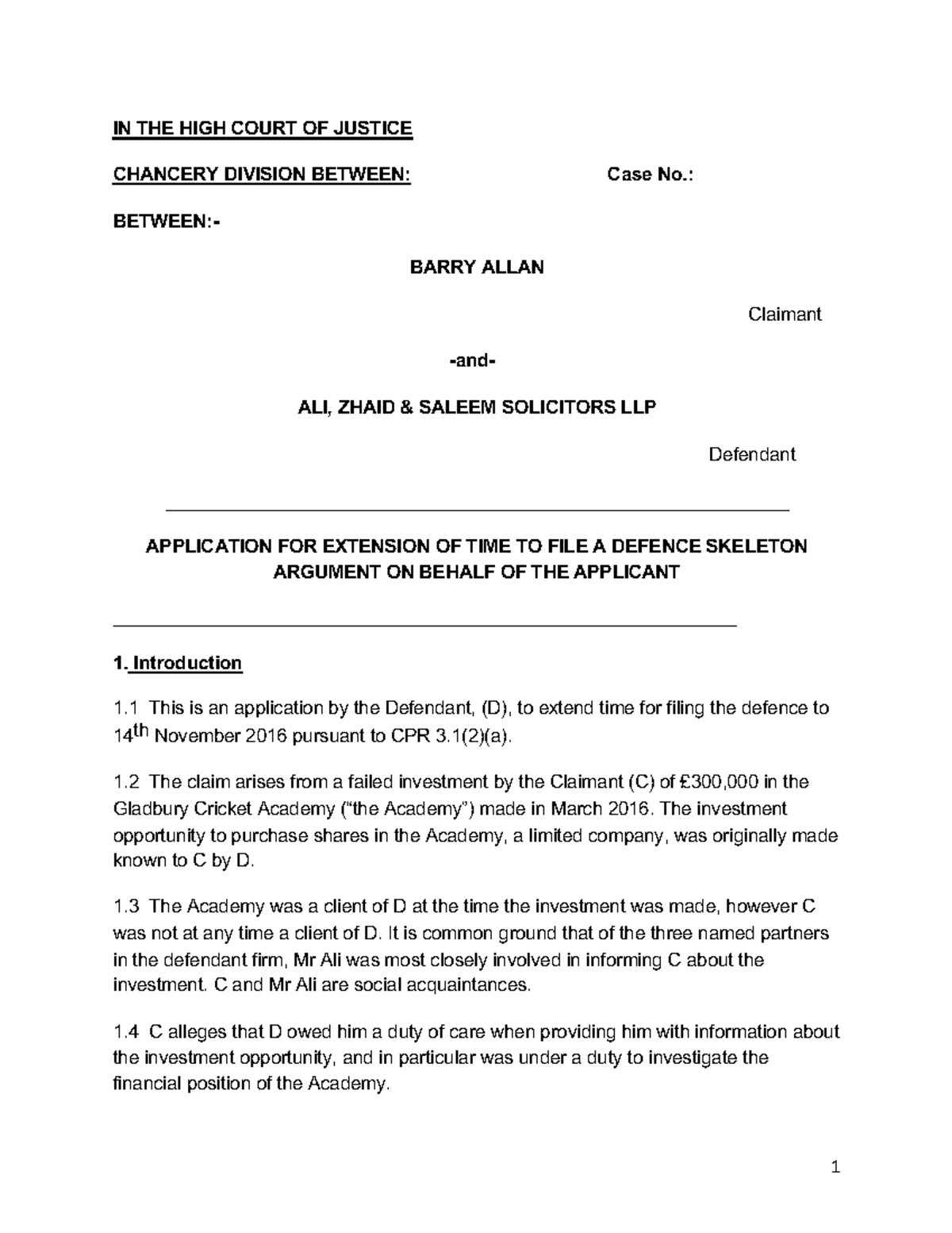 Skeleton Extension OF TIME TO FILE A Defence - IN THE HIGH COURT OF ...