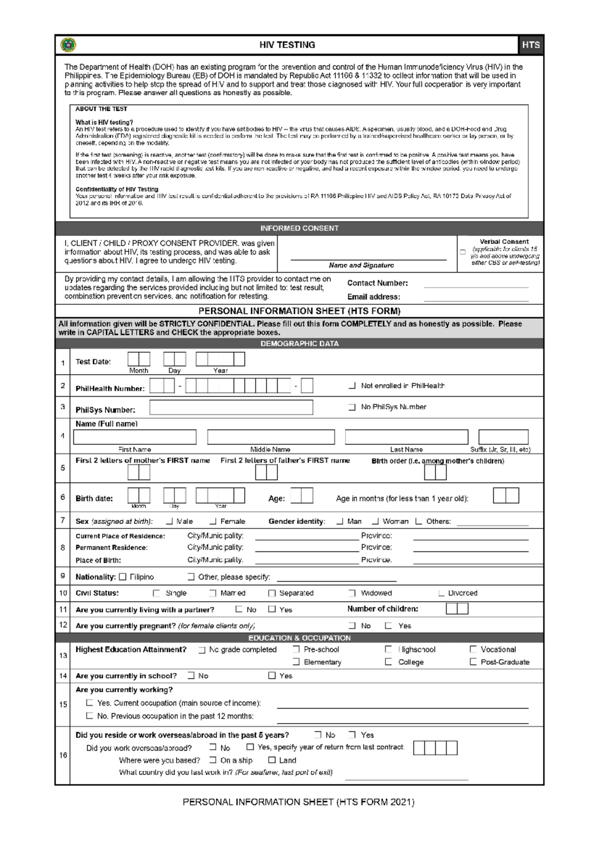 Form A - HTS 2021-1: HIV Patient Screening and Support Guide - Studocu