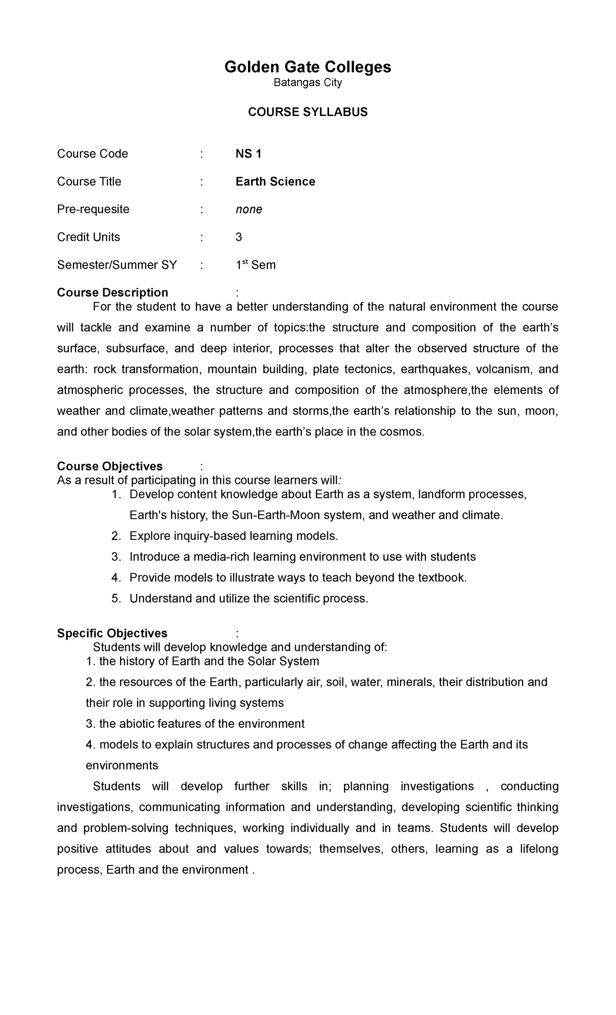 NS 1 Earth Science Course Syllabus Overview and Revision Guide - Studocu