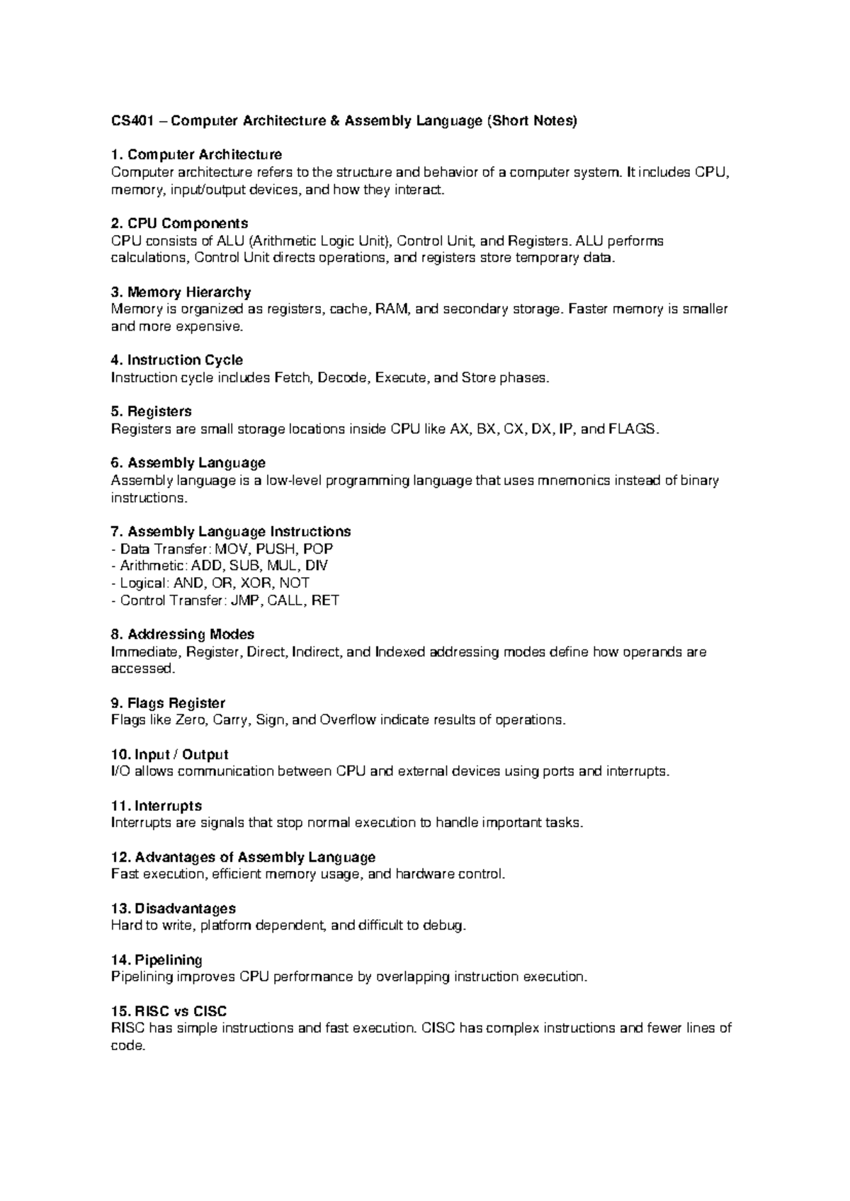 CS401 Computer Architecture: Assembly Language Short Notes - Studocu