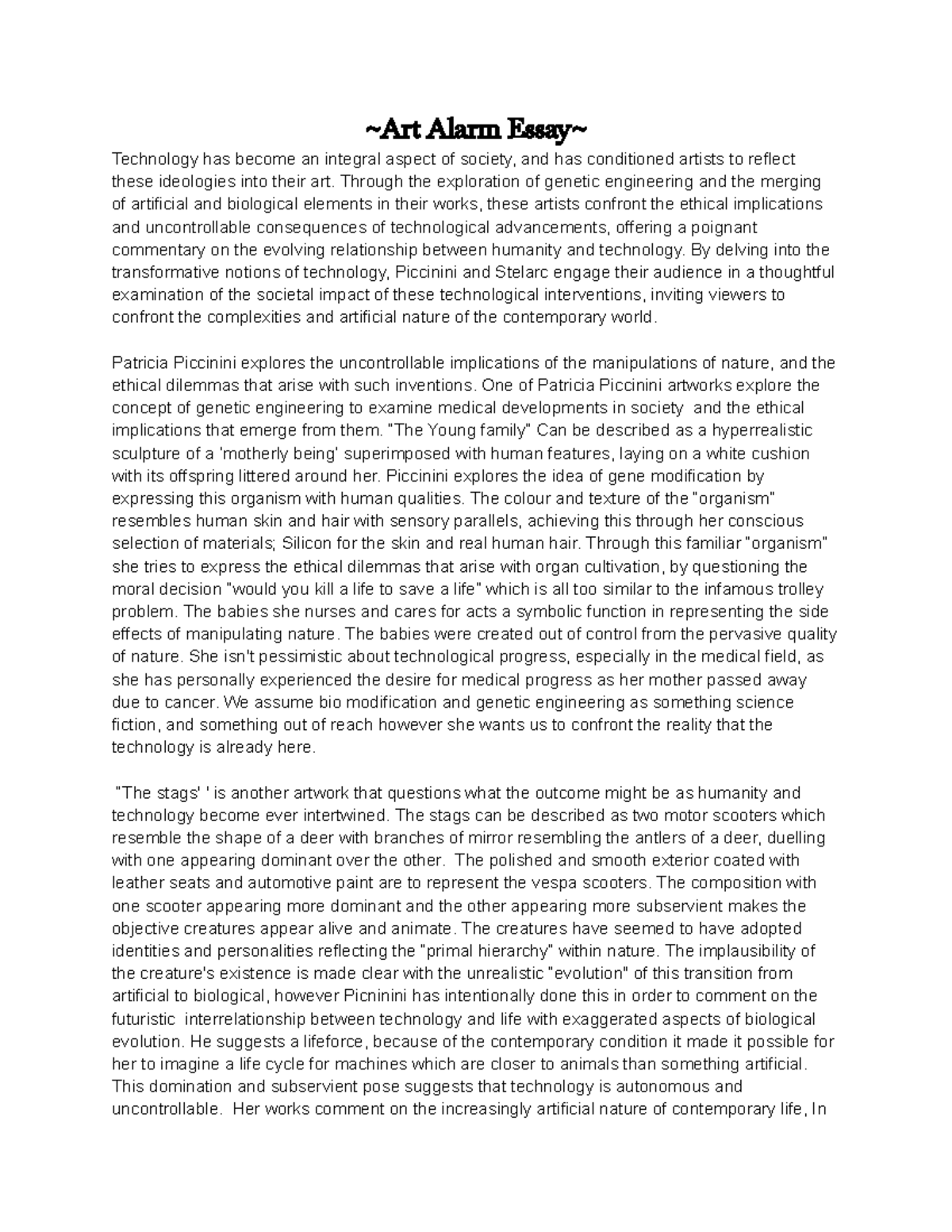 Art Essay Practice: Exploring Technology's Impact on Humanity - Studocu