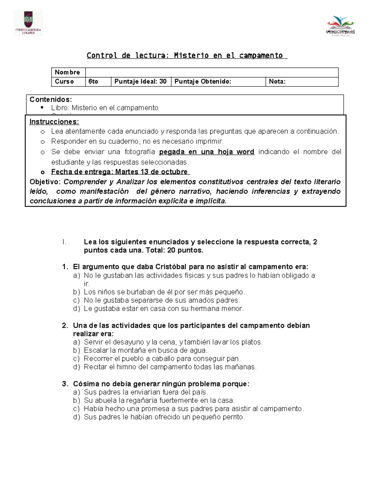 Evaluación de lectura: Misterio en el campamento - B6a Octubre - Studocu