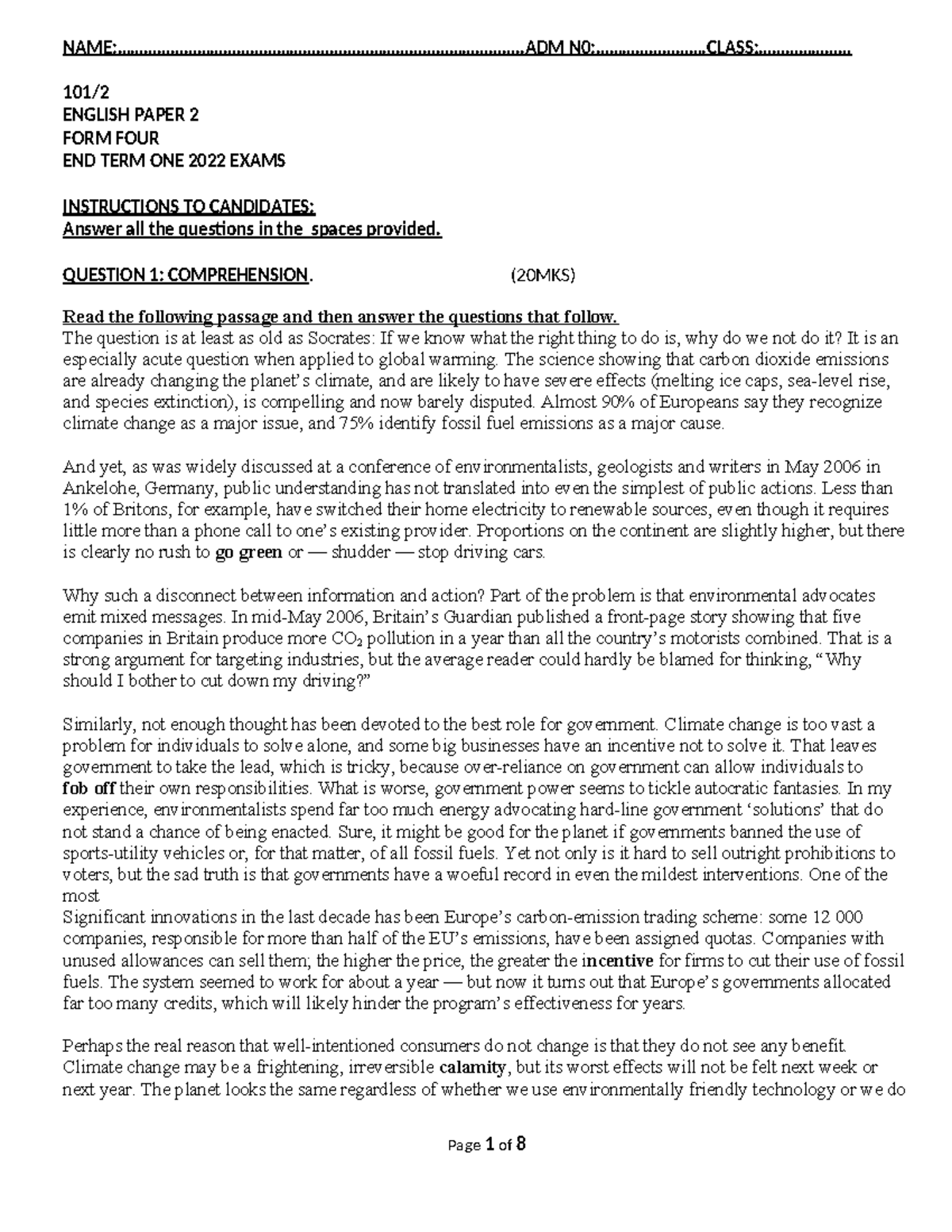 ENGLISH PAPER 2 FORM FOUR END TERM ONE 2022 EXAM QUESTIONS AND ...