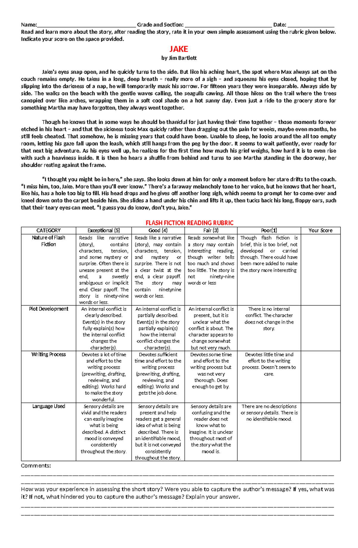 Peer Assessment Activity Sheets: Flash Fiction Evaluation - Studocu