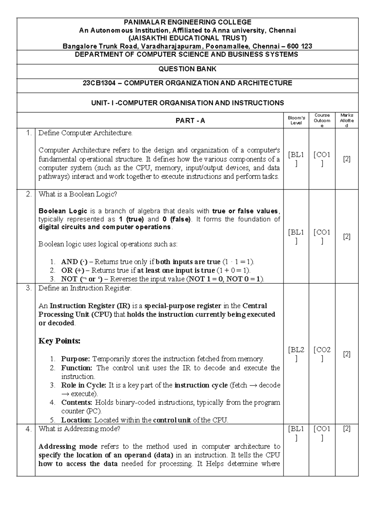 Question Bank - 23CB1304 Computer Organization and Architecture Notes ...