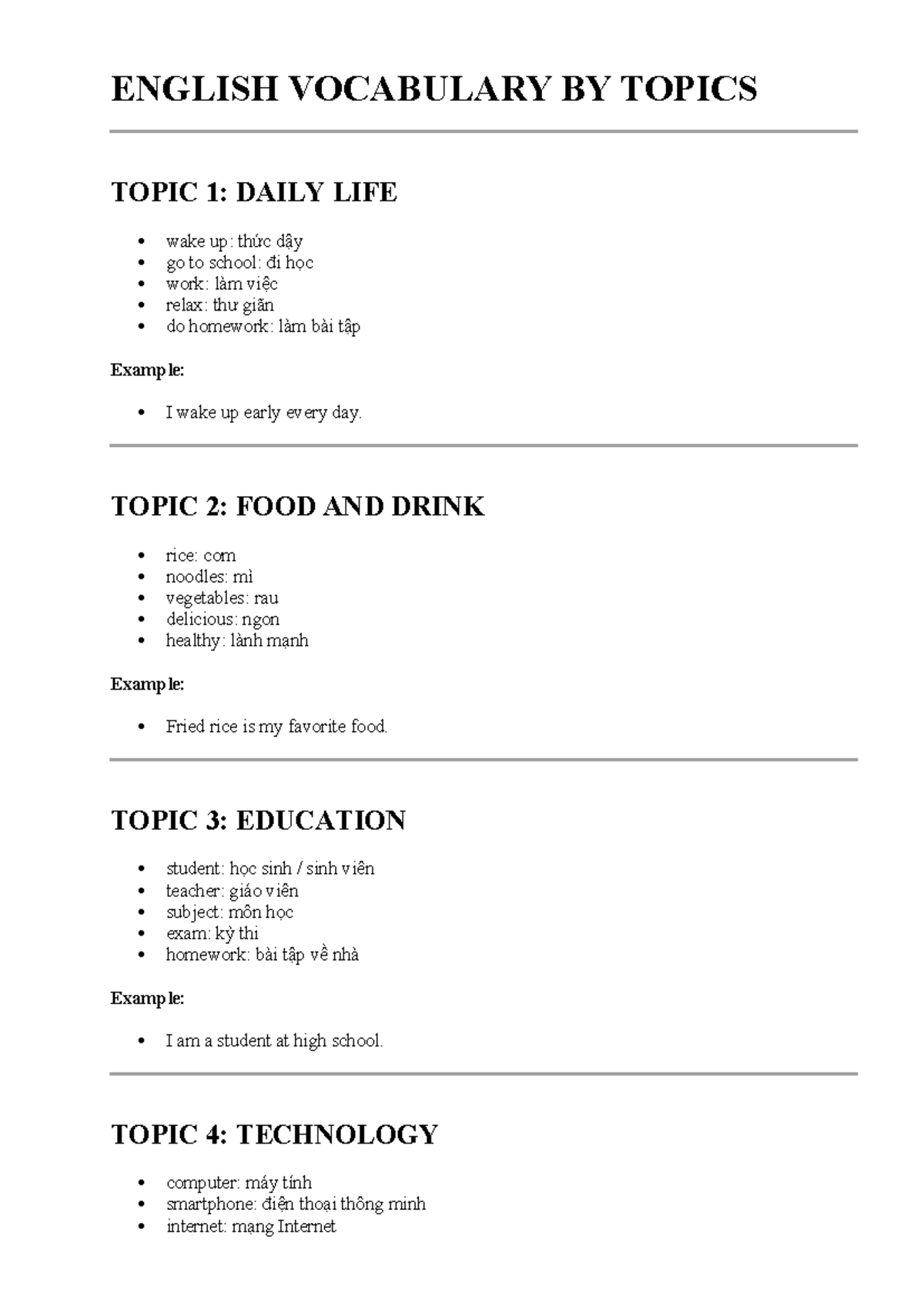 ENGLISH VOCABULARY TOPICS: DAILY LIFE, FOOD, EDUCATION & MORE - Studocu