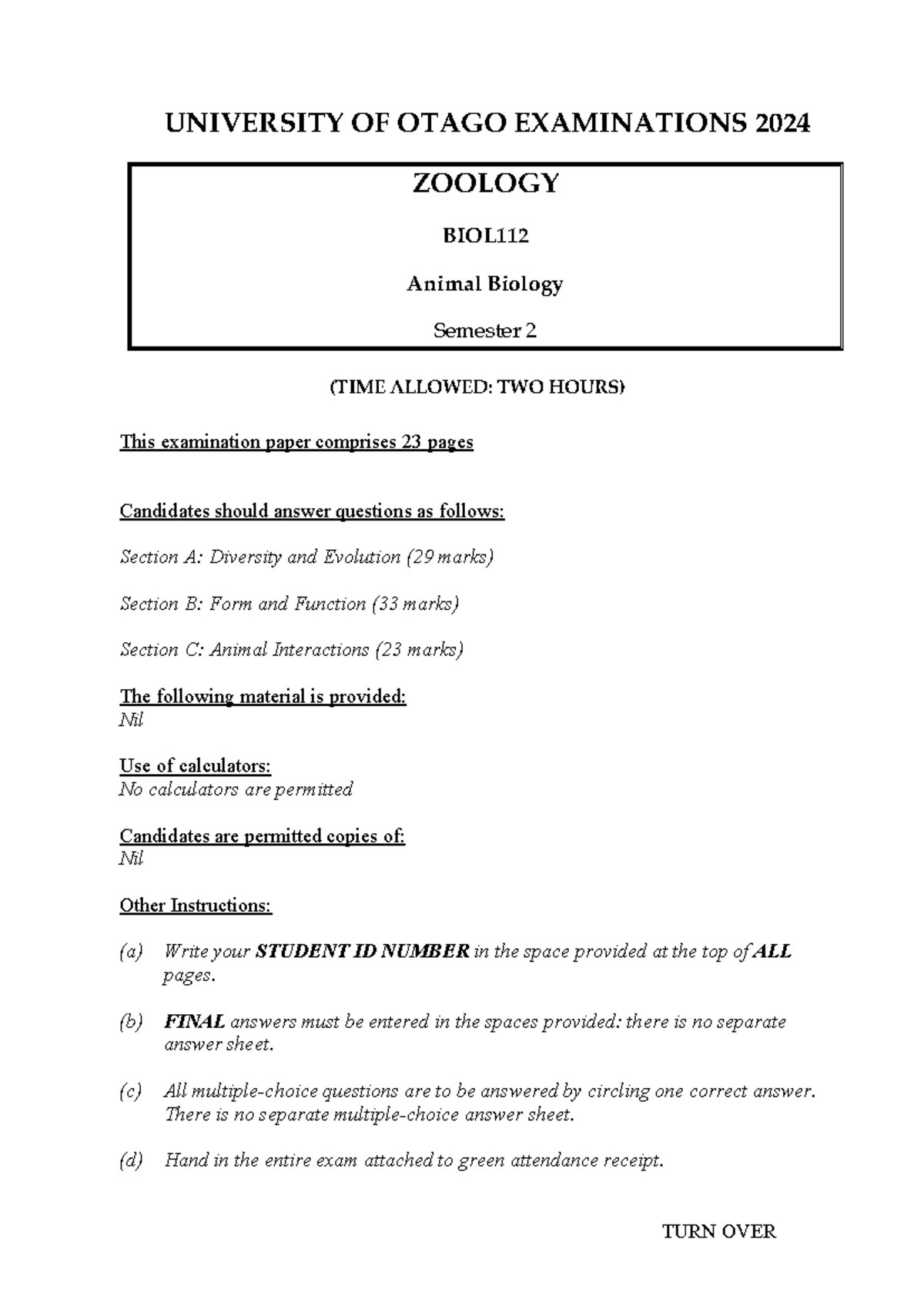 BIOL112 2024 S2 - Animal Biology Practice Exam - Studocu