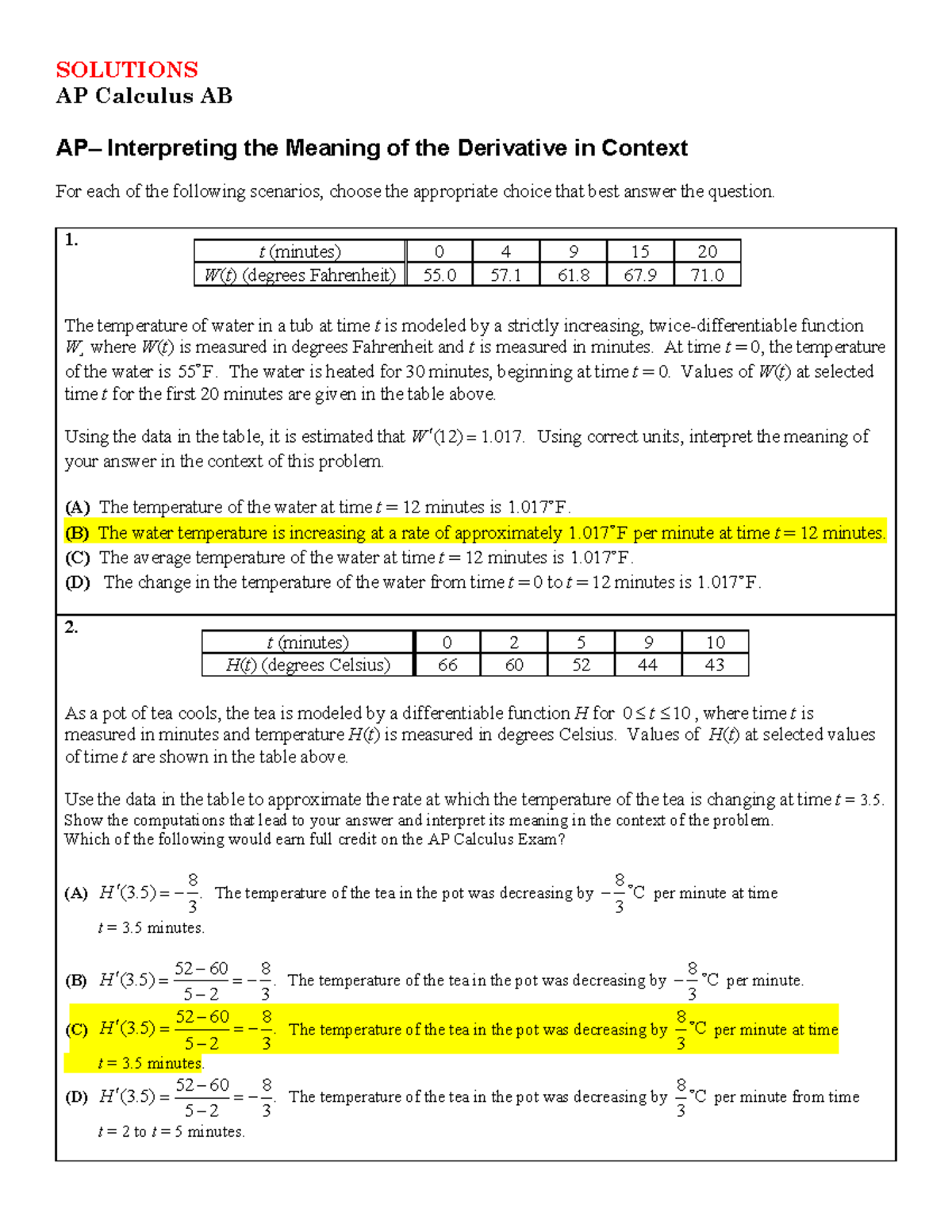 AP Calculus AB 4.1 HW Solutions - Meaning of Derivative in Context ...