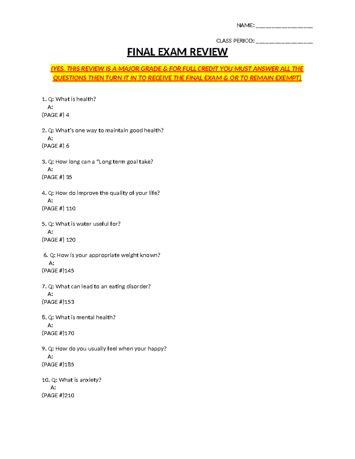 Final Exam Review Guide for Health Class (Course Code: 23+) - Studocu