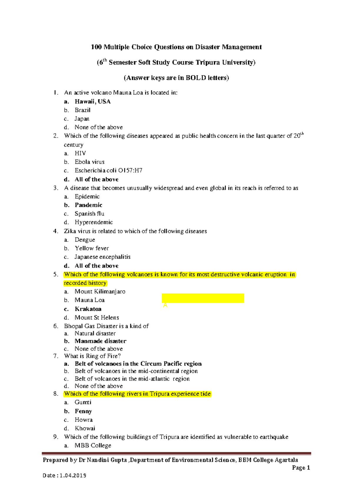 100 MCQs on Disaster Management (6th Sem Soft Study, Tripura Univ ...