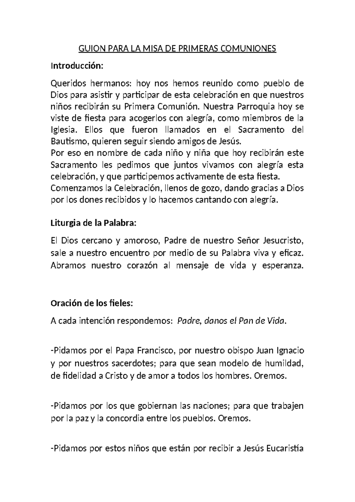 Guion para la Misa de Primeras Comuniones: Celebración y Liturgia - Studocu