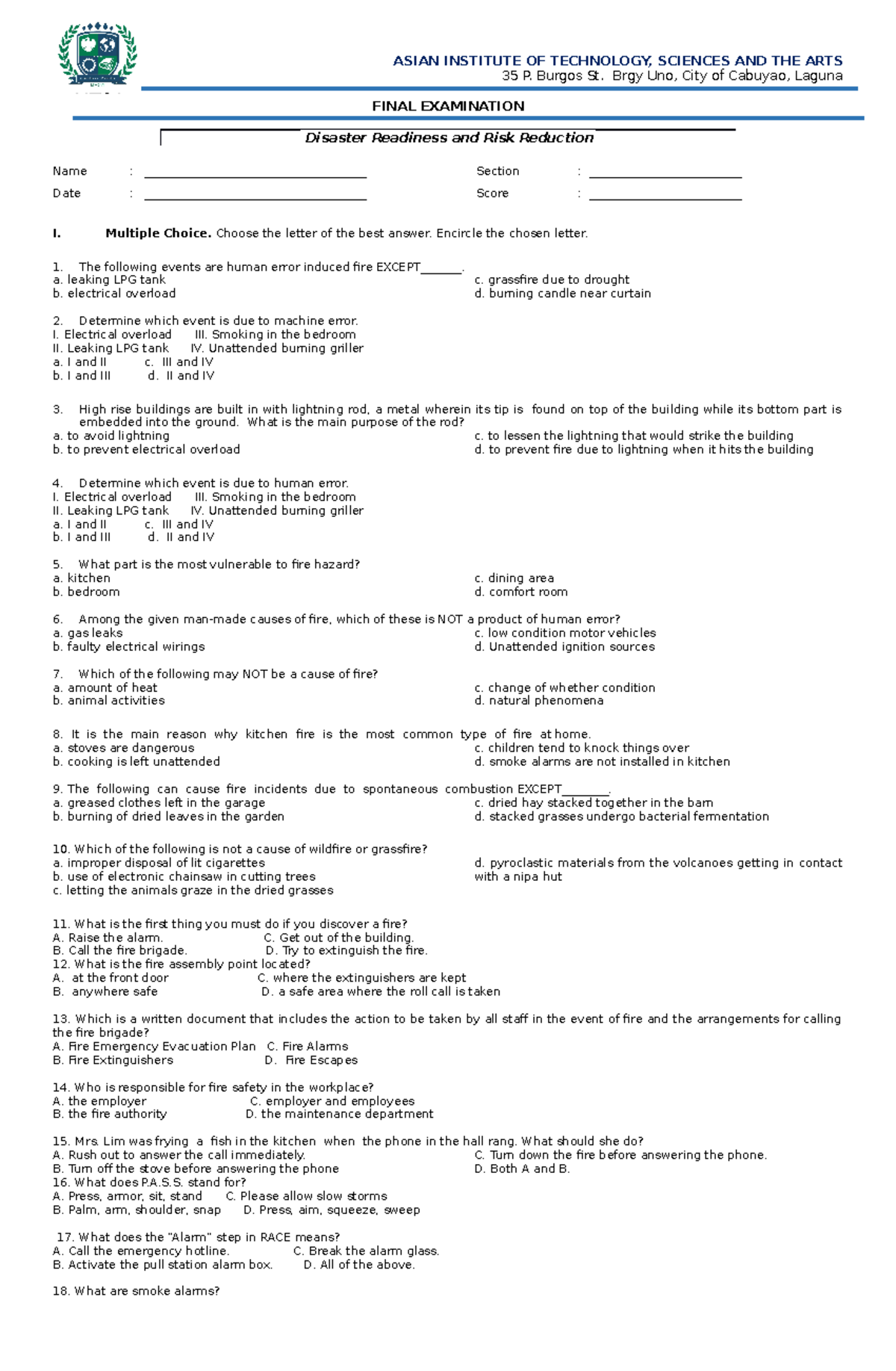 DRRR - final - exam - oooooo - ASIAN INSTITUTE OF TECHNOLOGY, SCIENCES ...