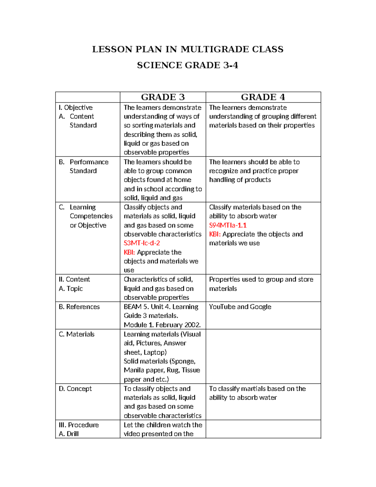 Multigrade Lesson Plan: Science for Grades 3 & 4 on Matter - Studocu