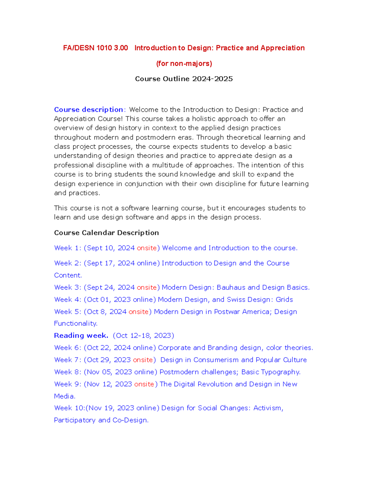DESN 1010 3.0 Course Outline: Introduction to Design Overview - Studocu