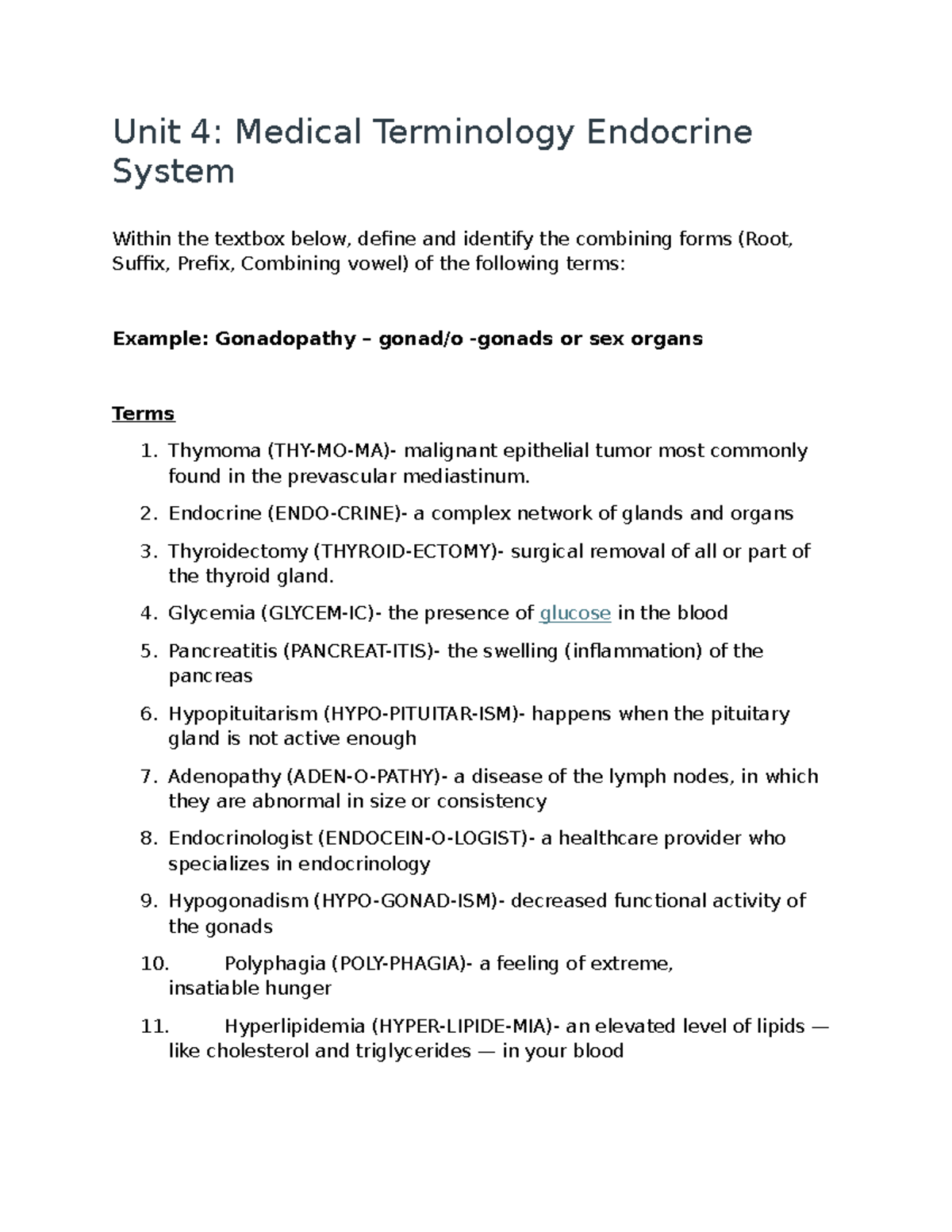 Unit 4 - Medical Terminology: Endocrine System Concepts - Studocu