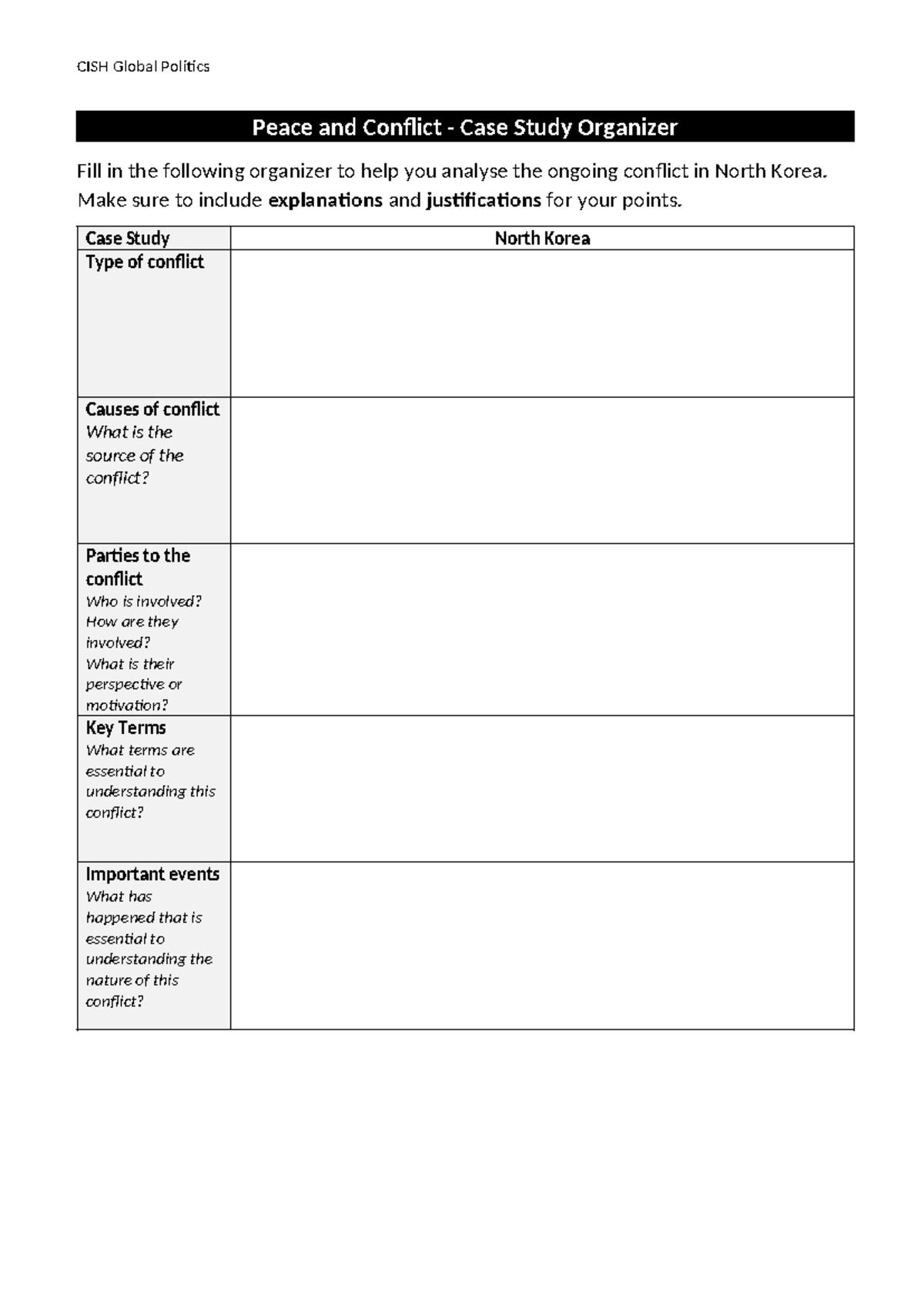 Peace and conflict case study organizer korea - CISH Global Politics ...