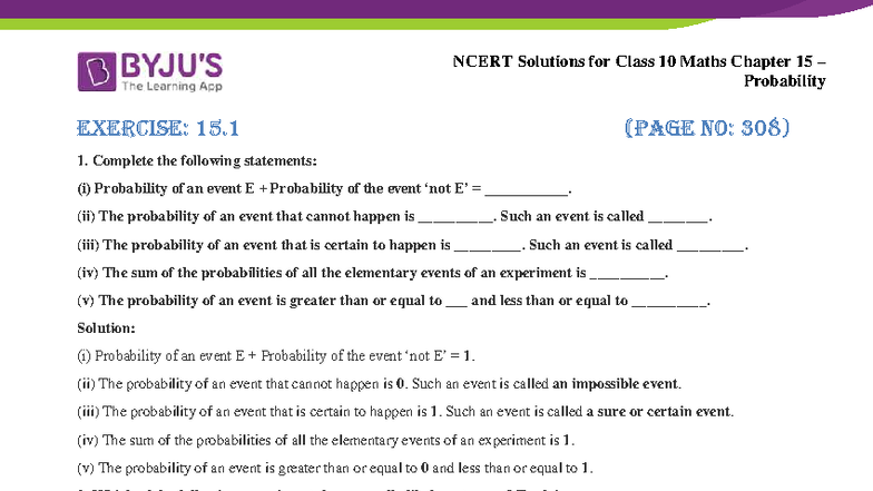 NCERT Solutions for Class 10 Maths: Chapter 15 Probability Exercises ...