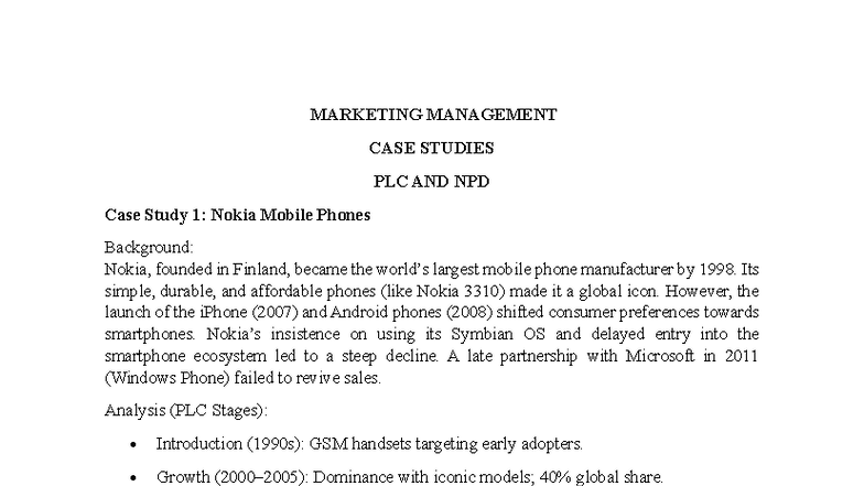 Case Studies on PLC & NPD: Nokia, Maggi, and Apple iPod - Studocu
