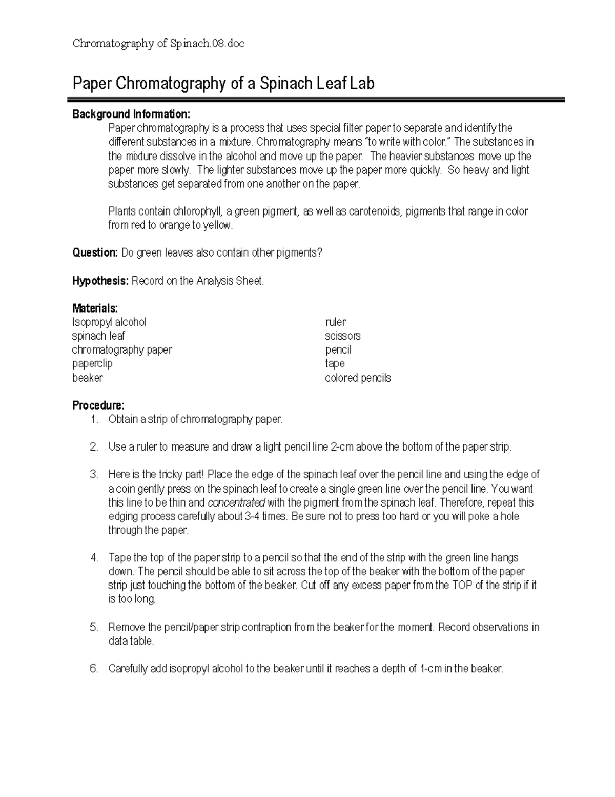 Paper Chromatography of Spinach Leaf: Lab Experiment Guide - Studocu