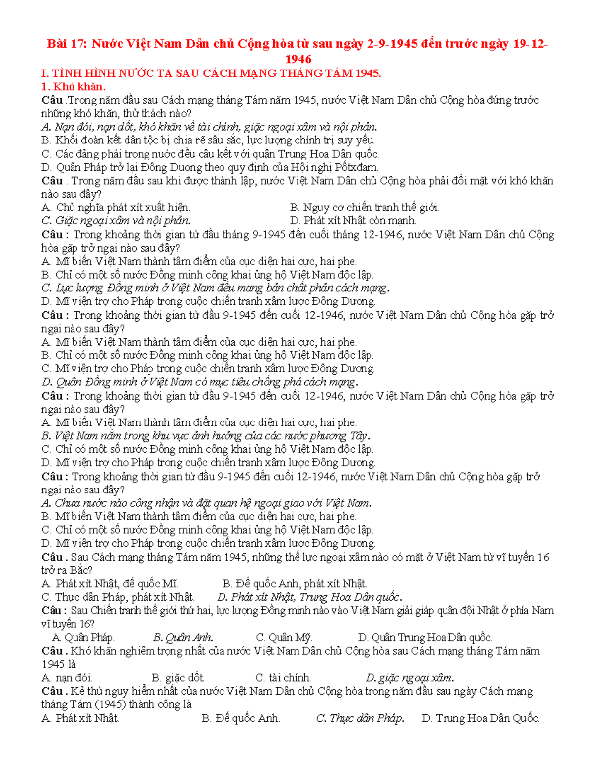 10Đ SỬ - Bài 17 ĐẾN 20: Khó Khăn và Thuận Lợi của Việt Nam Dân Chủ Cộng ...